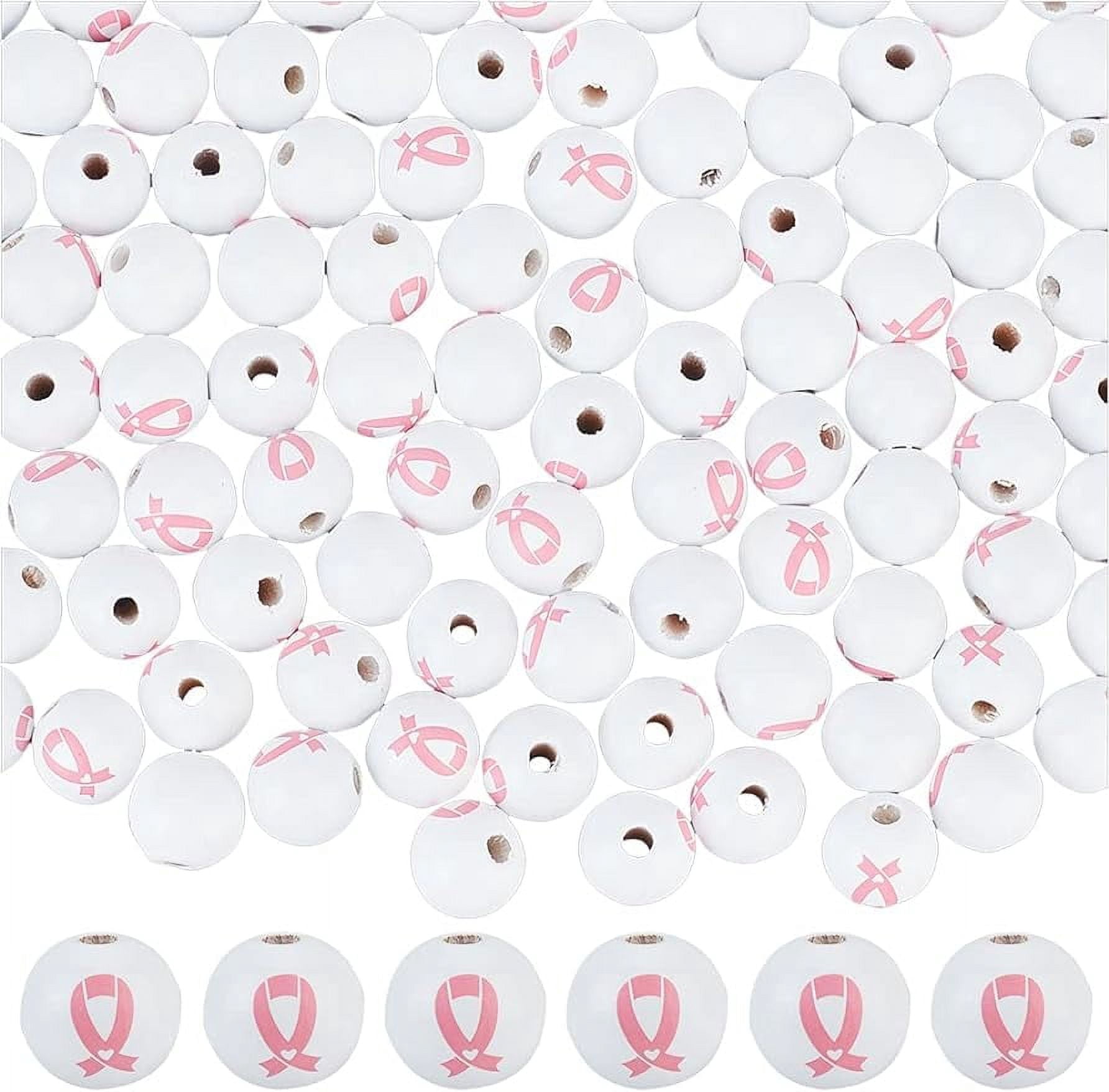 100Pcs Bulk Cancer Ribbon Wood Beads Breast Cancer Awareness Round ...