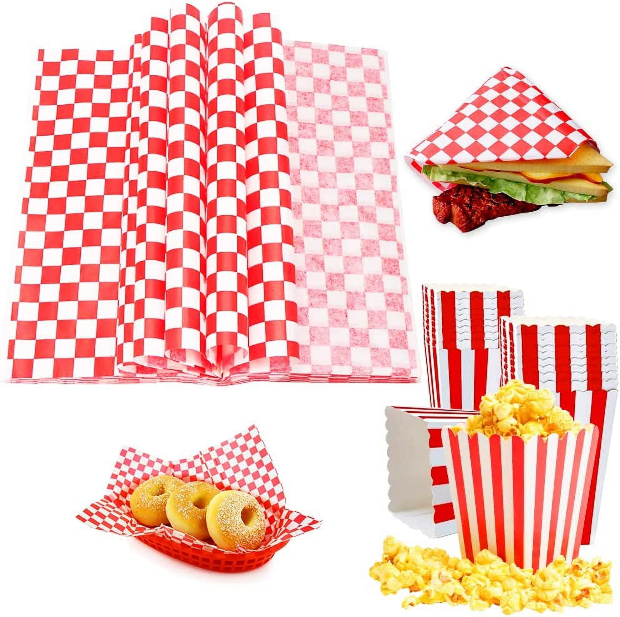 100Pcs Checkered Dry Waxed Deli Paper Sheets with 24 Popcorn Favor ...