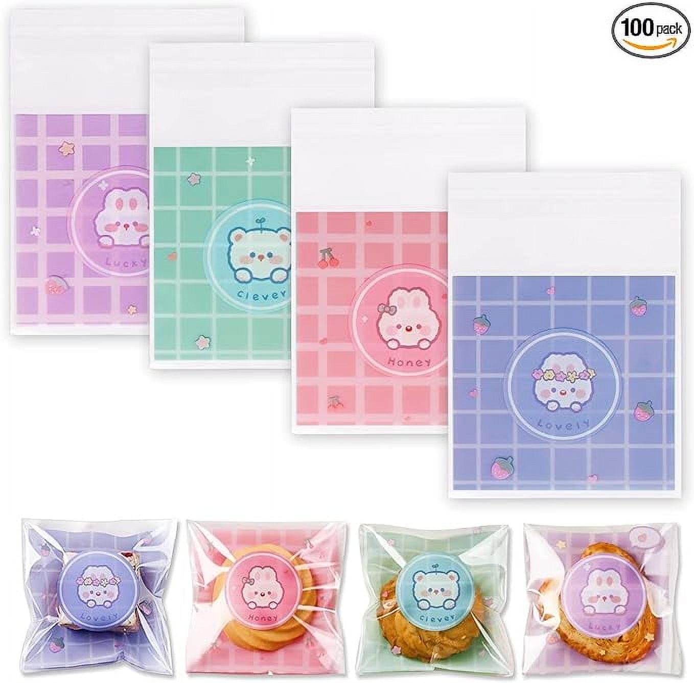 100Pcs Cookie Bags Self Adhesive Cookie Bags for Gift Giving Cute ...