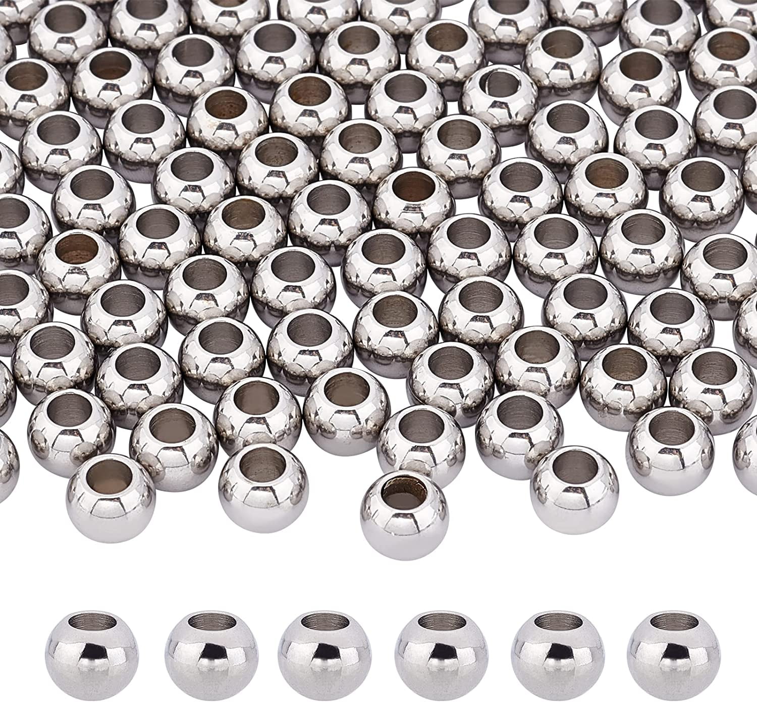 100Pcs DIY 8mm Round Metal Beads Stainless Steel Spacer Beads Large Hole Metal European Beads ...
