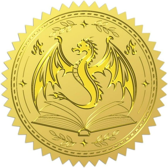 100Pcs Dragon Book Embossed Gold Foil Seals 2 Inch Dragon Gold Foil Stickers Flying Dragon with ...