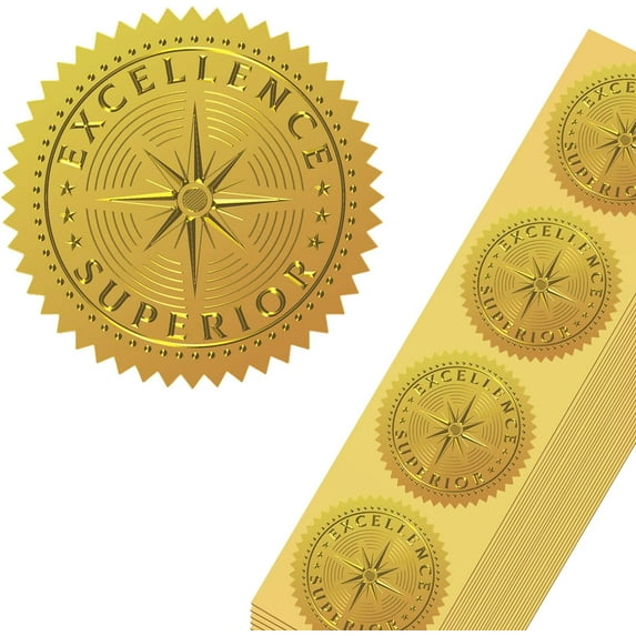 100Pcs Excellence Superior Gold Foil Certificate Seals - Embossed Stickers Self-Adhesive Gold ...