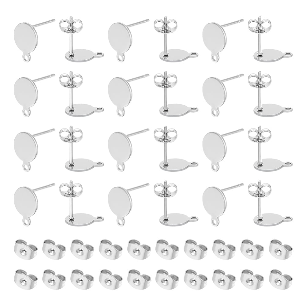 100Pcs Flat Round 304 Stainless Steel Ear Stud Components with ...