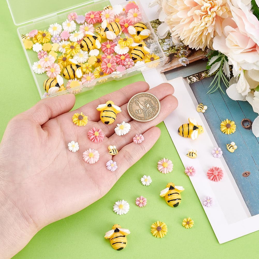 100Pcs Flower Daisy Bees Cabochons 10 Styles Resin Flower Charms Resin ...