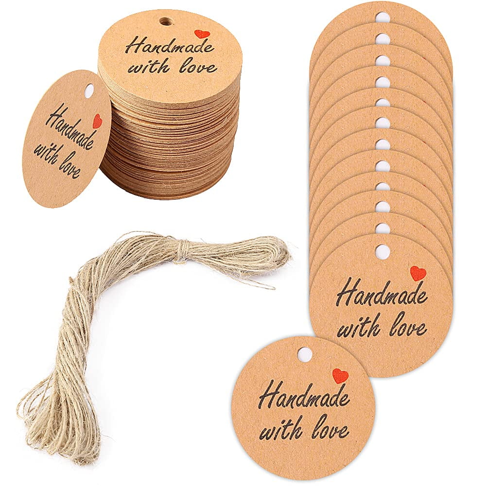 100Pcs Gift Tags, Handmade with Love Tags Kraft Paper Round Gift Tags ...