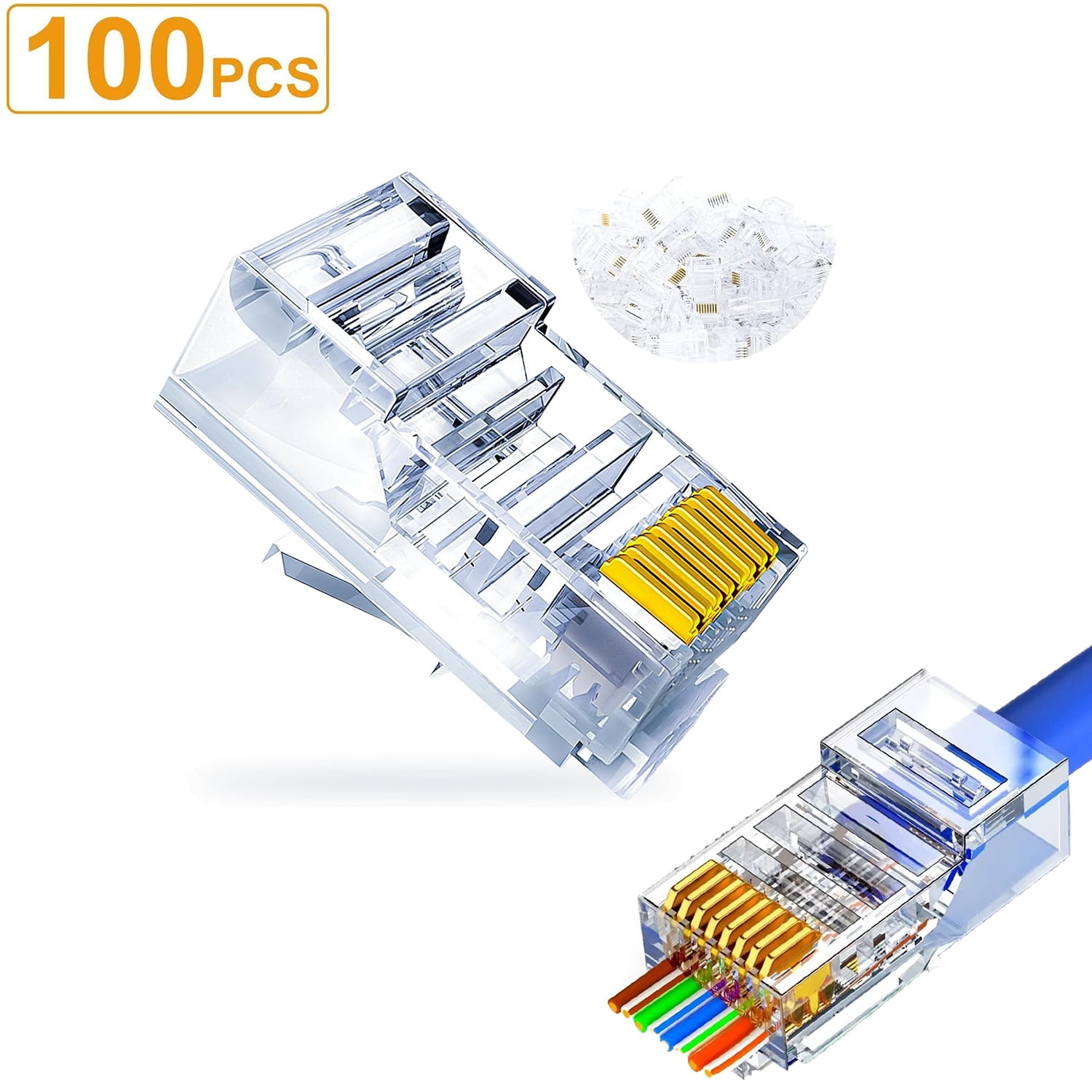 100Pcs Gold Plated RJ45 Connectors, Cat6 Ethernet Cables with Good ...
