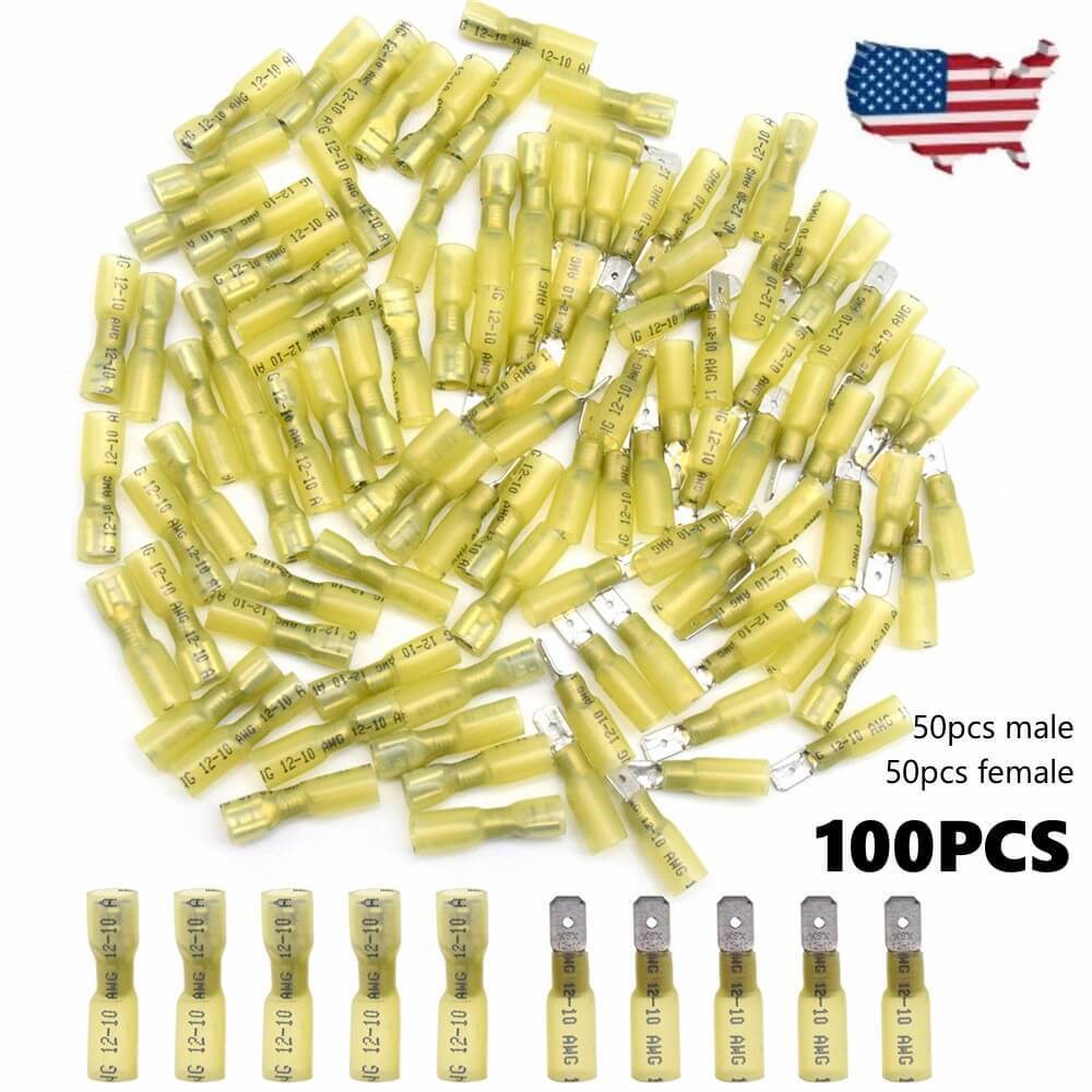 100Pcs Heat Shrink Spade Crimp Terminals Male Female 12-10 Gauge Wire ...
