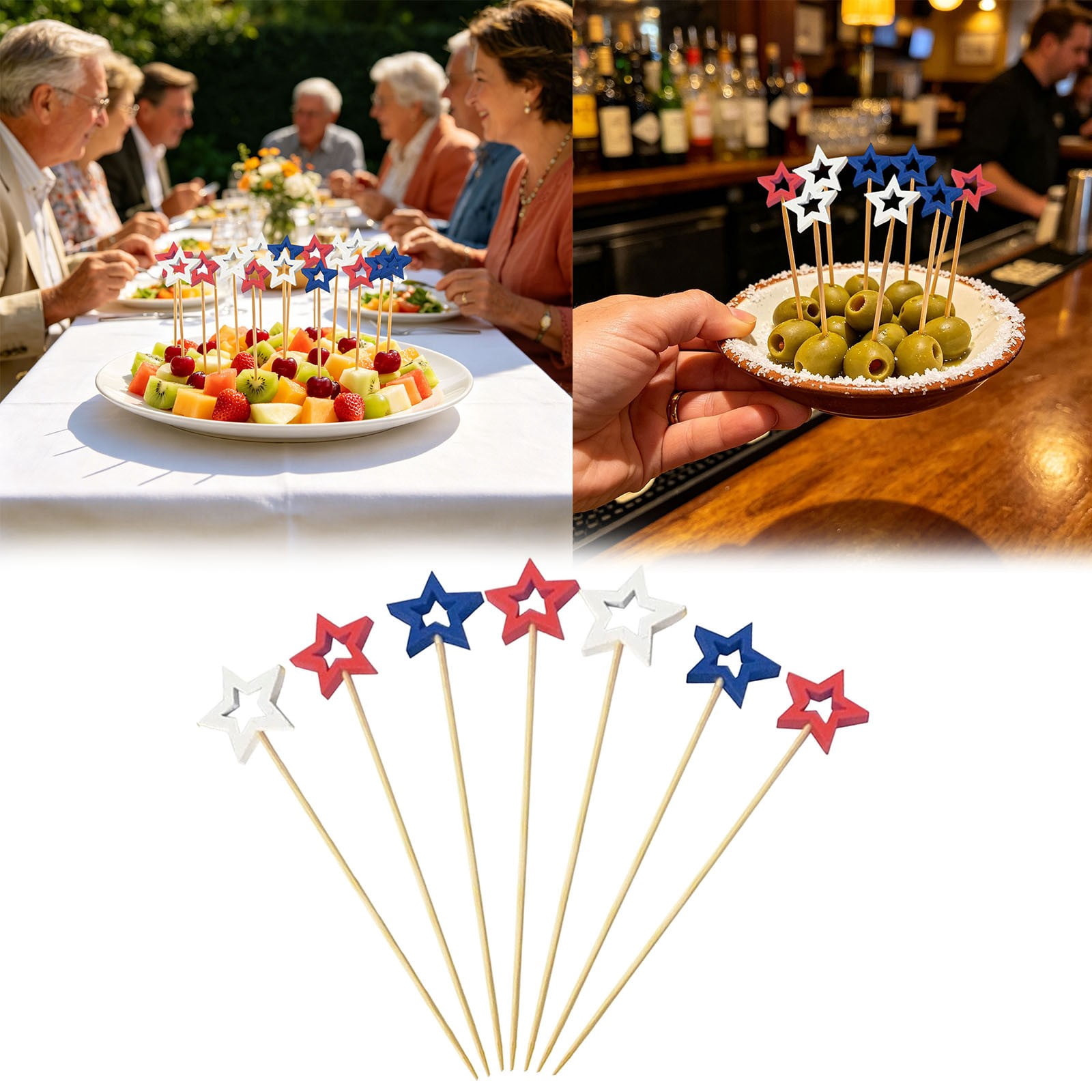 100Pcs Hollow Star Wooden Cocktail Picks Usa Flag Color Food Skewers ...