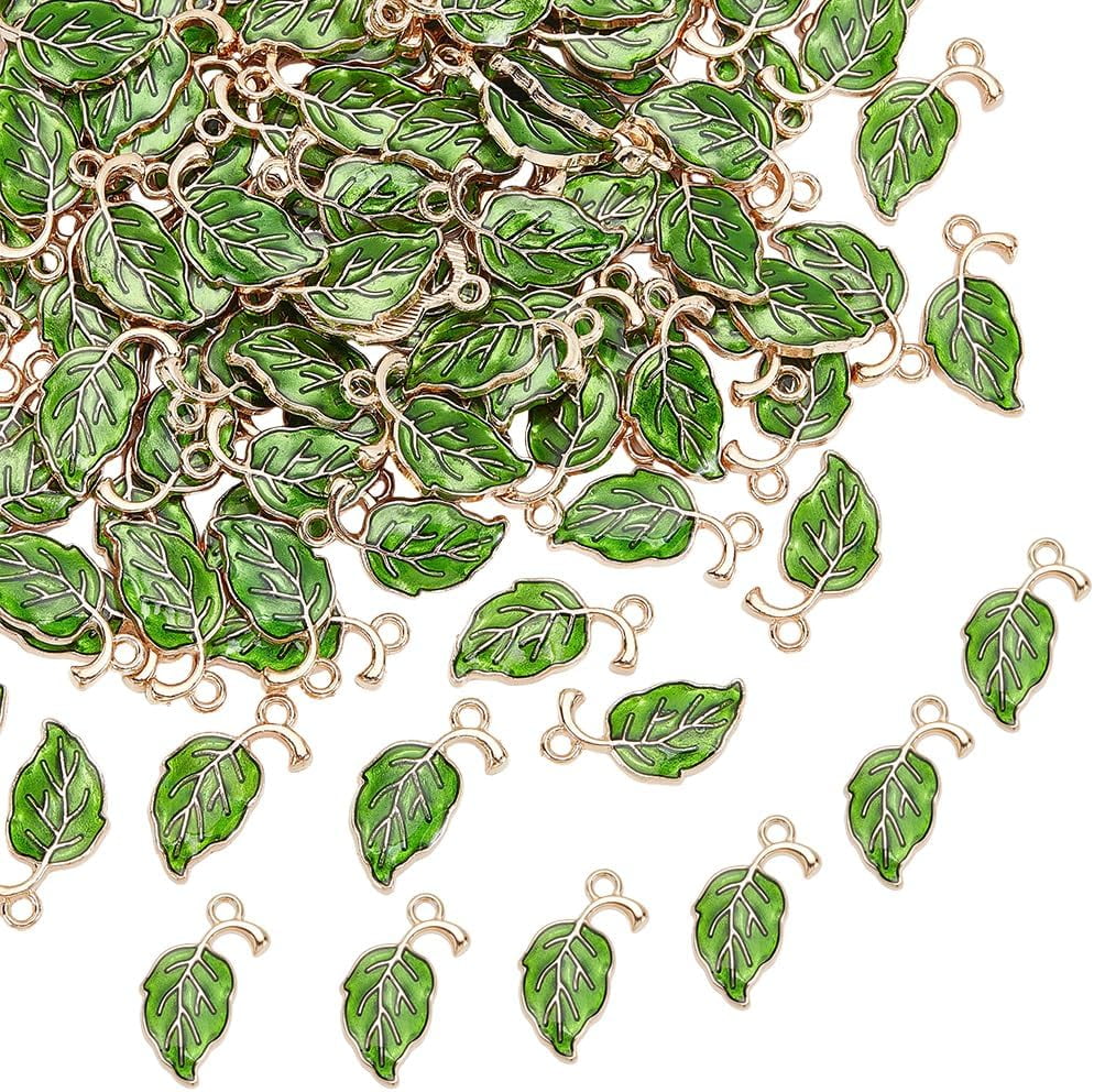 100Pcs Leaf Charms Alloy Enamel Tree Branch Leaf Charms Green Leaves ...