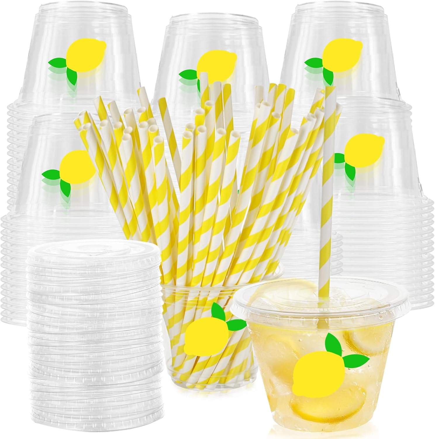 100Pcs Lemon Disposable Plastic Cups with Lids and Straws, 9Oz Party ...