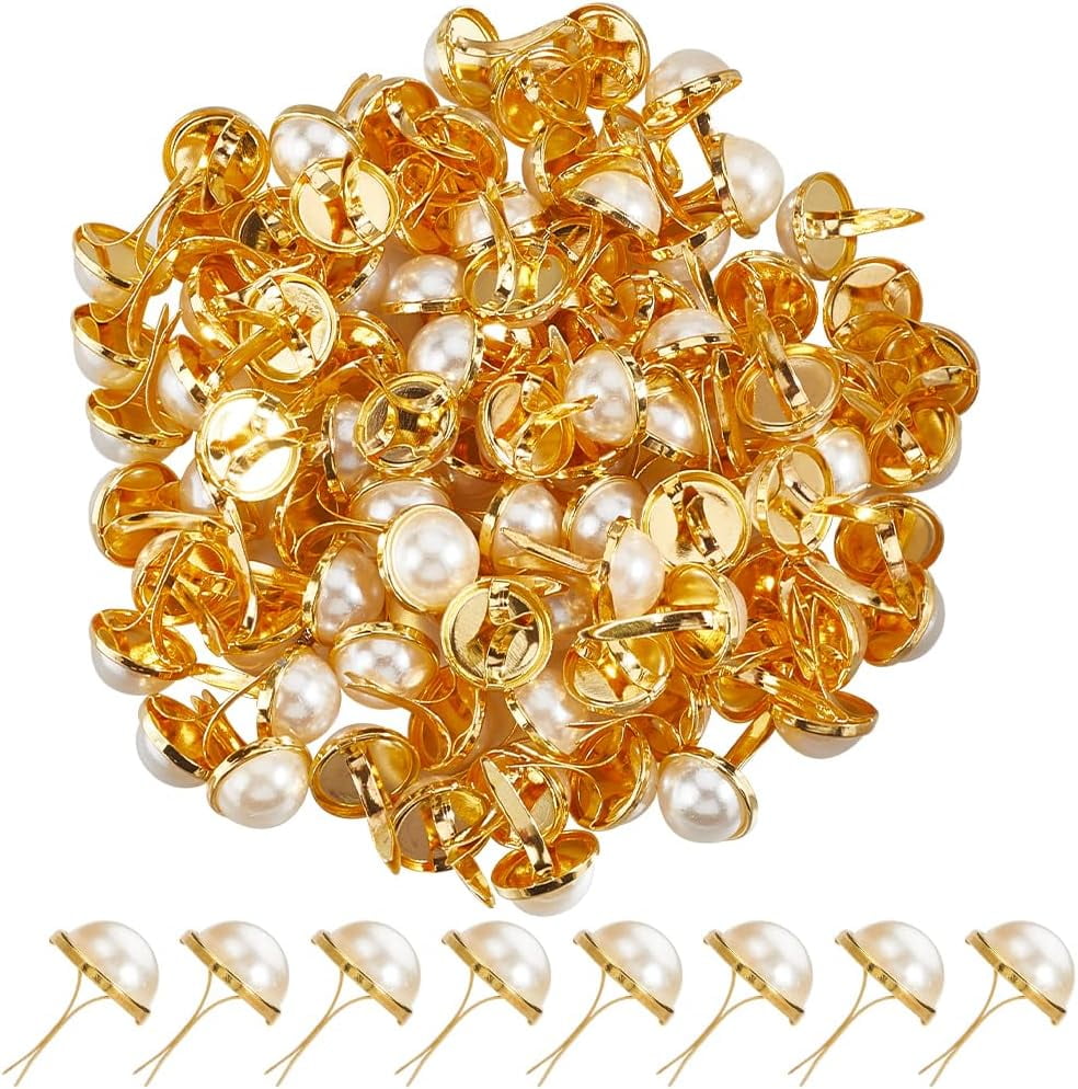 100Pcs Mini Metal Brads Pearl Brad Bulk Golden Iron Flat Round White Imitation Pearls Split Pins ...