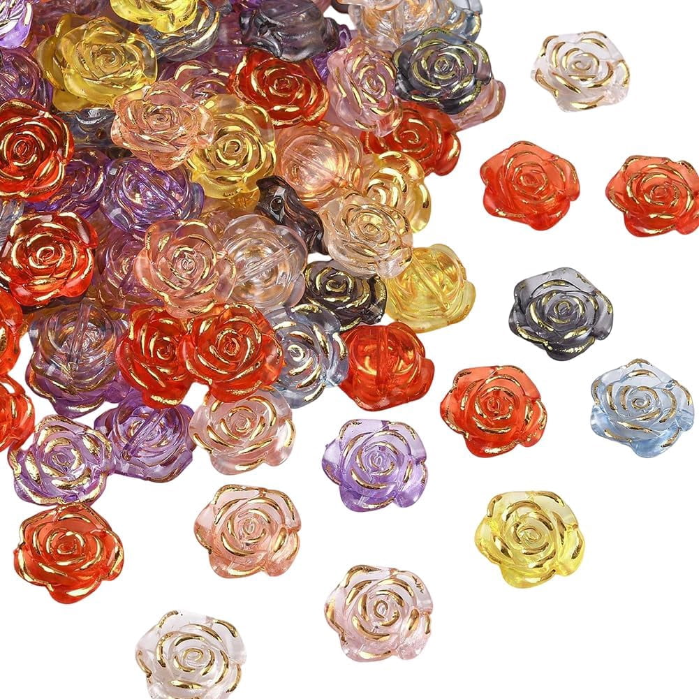 100Pcs Plastic Beads Flower Golden Metal Enlaced Mixed Color 19~19.5x8 ...