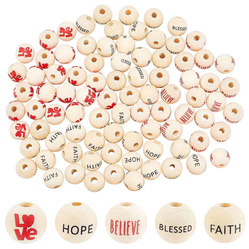 100Pcs Printed Natural Wood European Beads Undyed Large Hole Beads ...