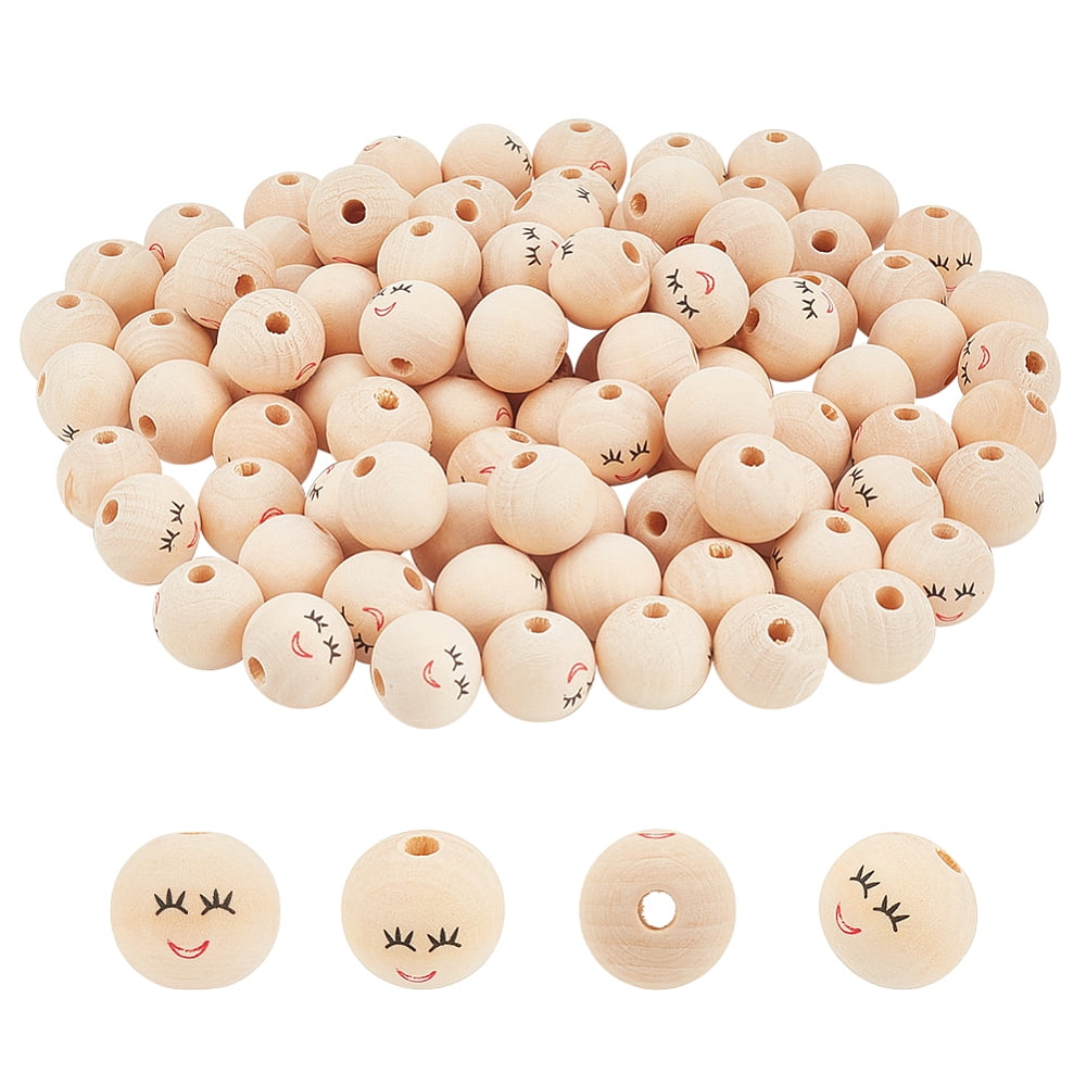 100Pcs Printed Wood Beads Round with Face Pattern Undyed BurlyWood ...