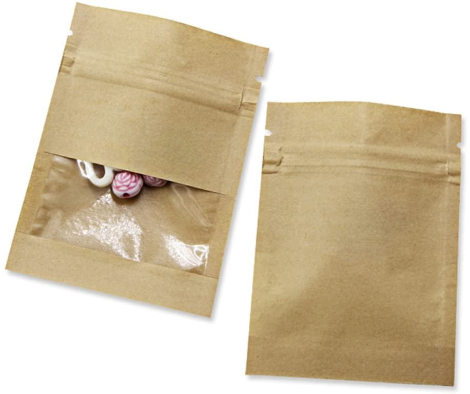 100Pcs Resealable Kraft Paper Plastic Window Bags Flat Zipper Lock Heat ...