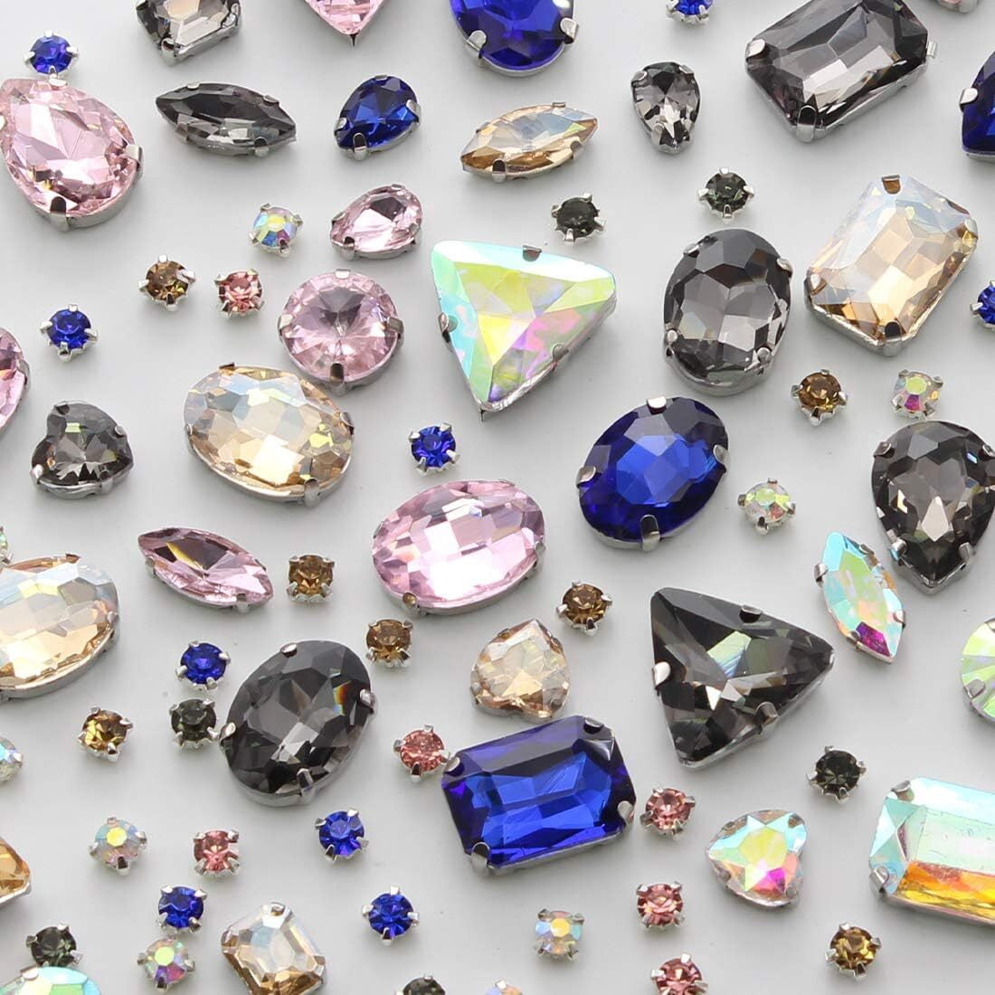 100Pcs Sew on Rhinestones, 10 Size Mixed Shapes Flatback Glass Crystal ...