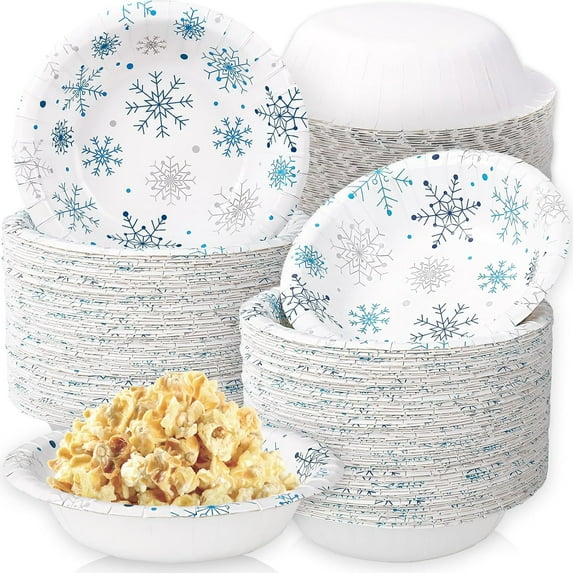 100Pcs Snowflake Paper Bowls Blue Silver Winter Disposable Serving ...