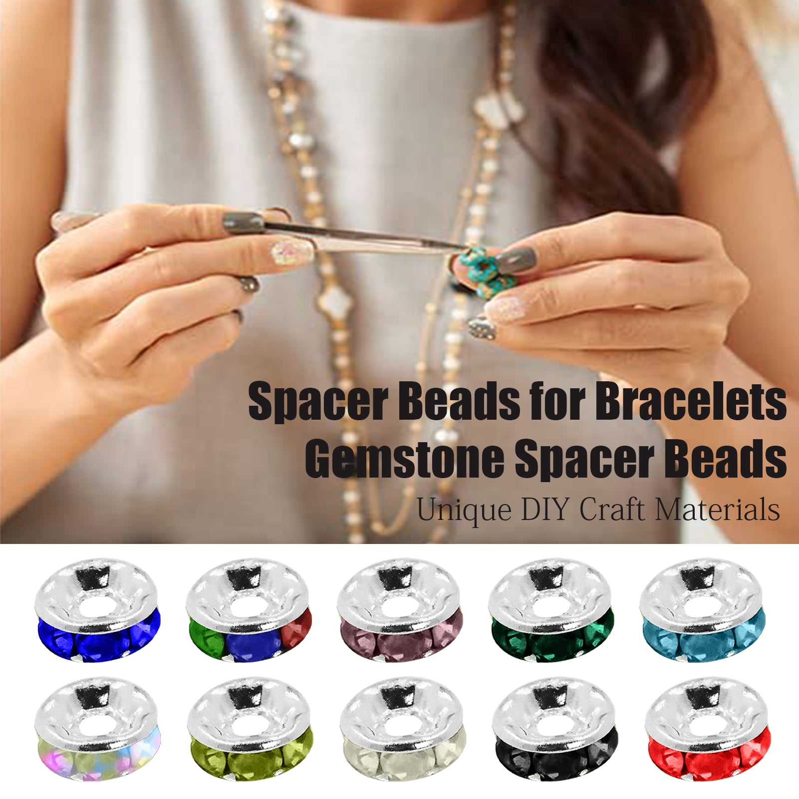 100Pcs Spacer Beads with Crystal Rhinestone 8mm Silver Plated Beads ...