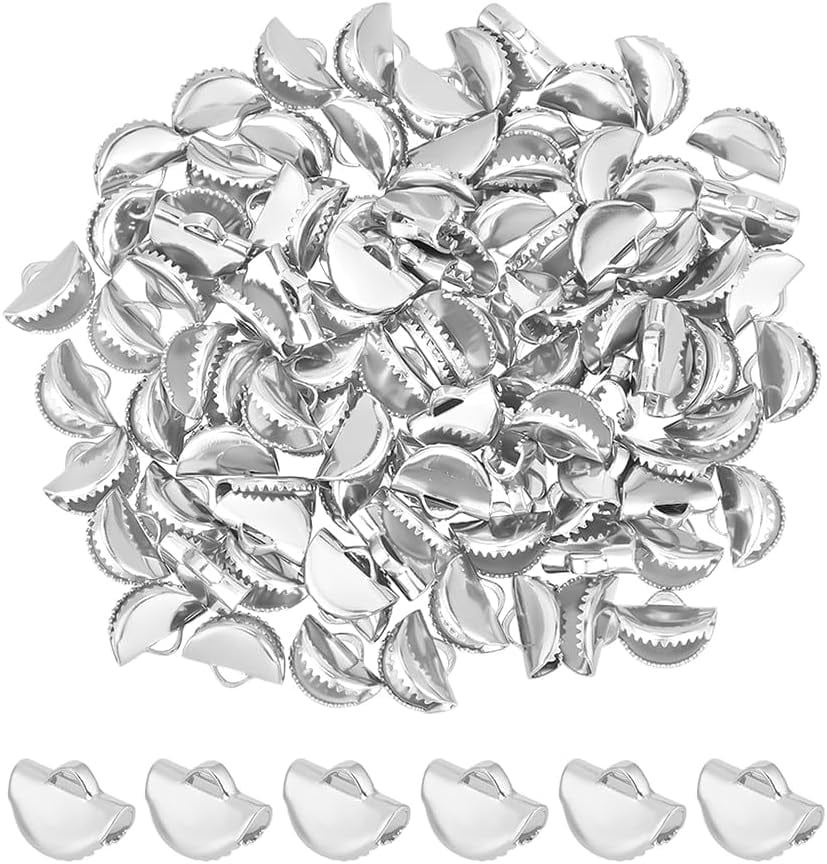 100Pcs Stainless Steel Sectorial Half Round Ribbon Crimp Ends with Loop ...