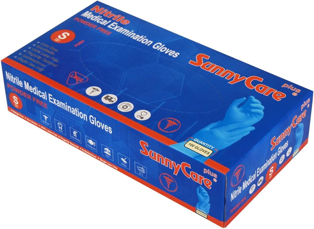 100Pcs SunnyCare 8201 Blue Nitrile Medical Exam Gloves Powder Chemo ...