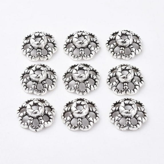 100Pcs Tibetan Style Alloy Fancy Bead Caps Flower Silver 9mm in ...