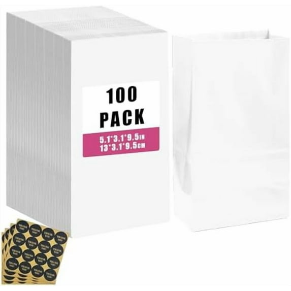 100Pcs Treat Paper Bags 5.1"x3.1"x9.4" White Party Favor Bag Mini Snack ...