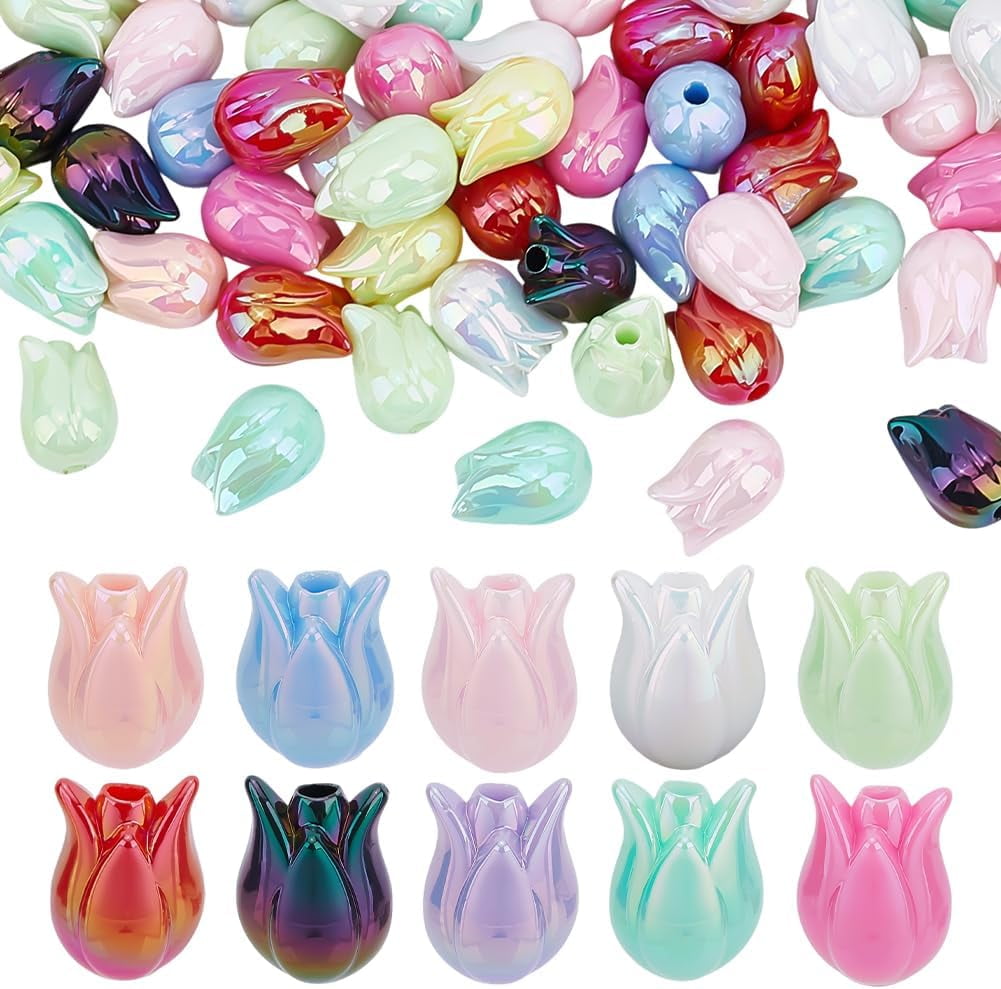 100Pcs UV Plated Opaque Acrylic Beads Iridescent Tulip Flower Mixed ...