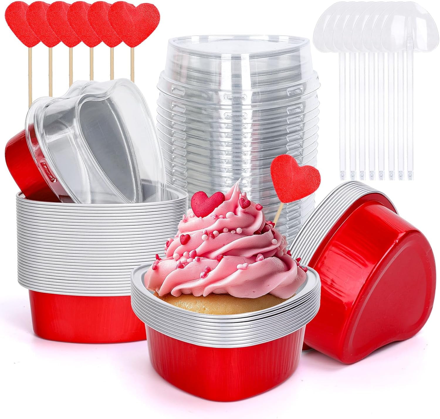 100Pcs Valentine Heart Shaped Cake Pans 3.5oz Red Mini Aluminum Foil Baking Cups with Lids ...