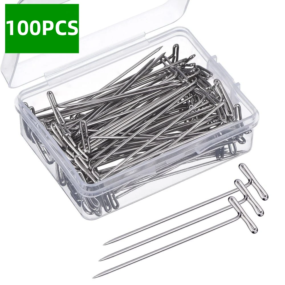 100Pcs Wig T-Pins with Plastic Storage Box 2" Silver Stainless Steel T ...
