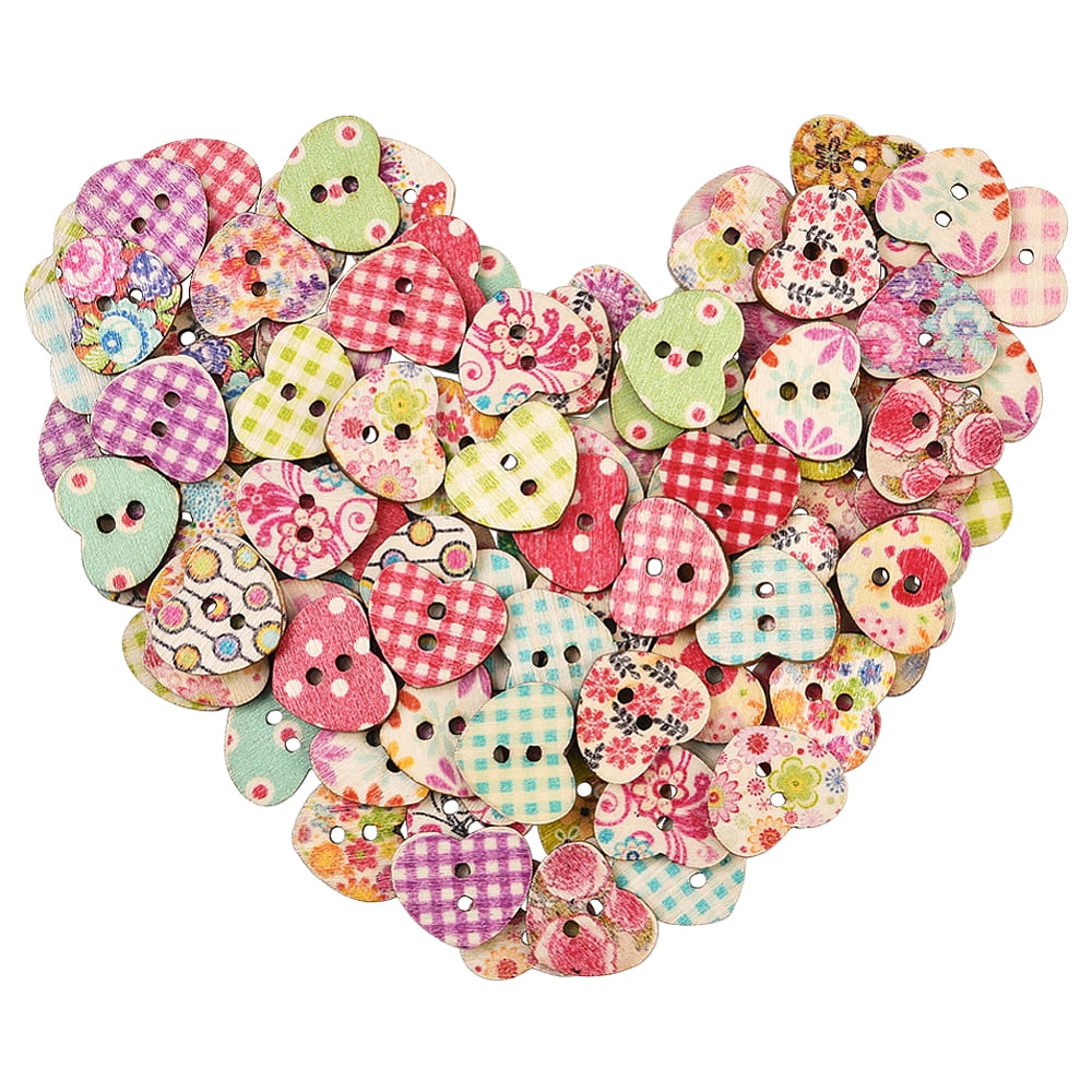 100Pcs Wood Buttons Heart 2-Hole Mixed Color 1.4x1.65x0.2cm 100pcs/set ...