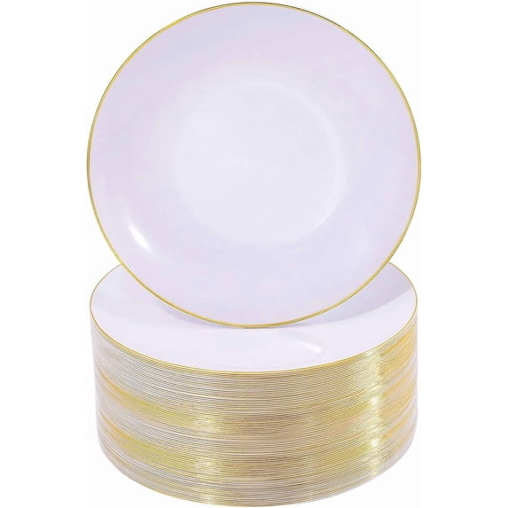 100Pieces White with Gold Rim Plastic Plates - 7.5inch Disposable Gold ...