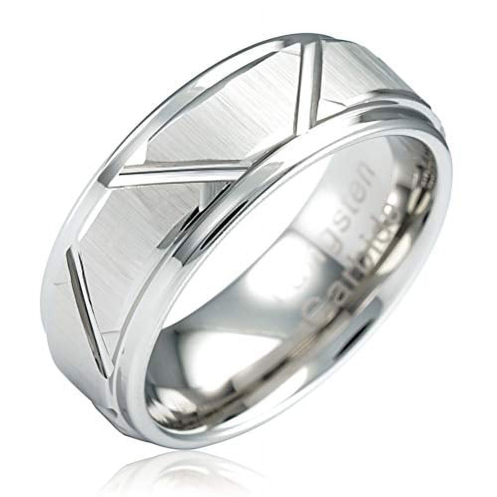 100S JEWELRY White Gold Tungsten Rings Angled Groove Lines Men Wedding ...