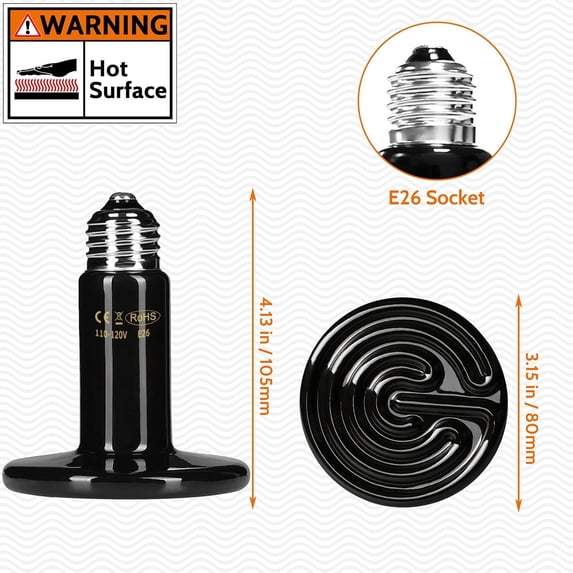 100W Ceramic Heat Emitter - Black Reptile Heat Bulb - No Light Infrared ...