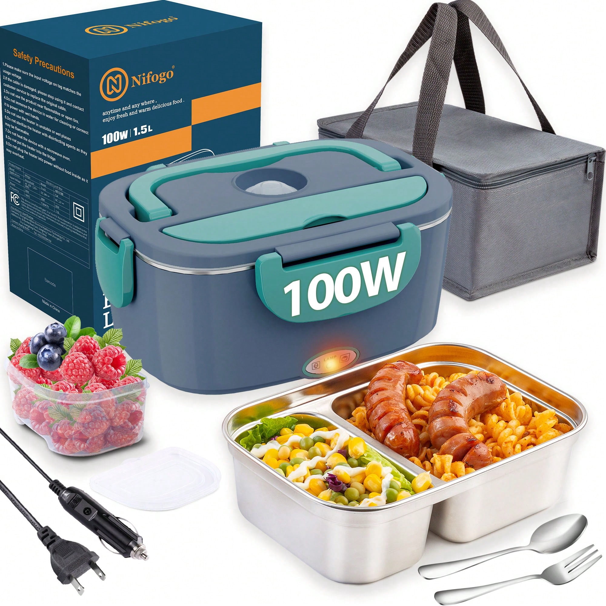 100W Electric Lunch Box Heater, 1.5L Stainless Steel Food Warmer for ...