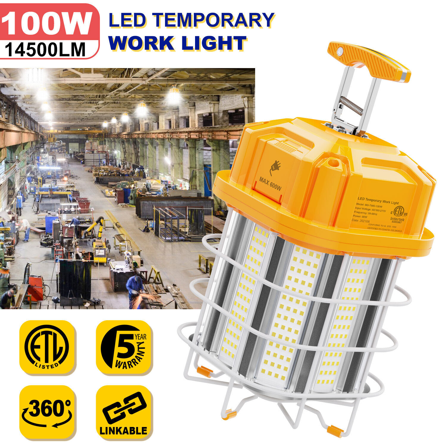 100W LED Temporary Work Light 5000K 14,500lm Linkable Construction ...