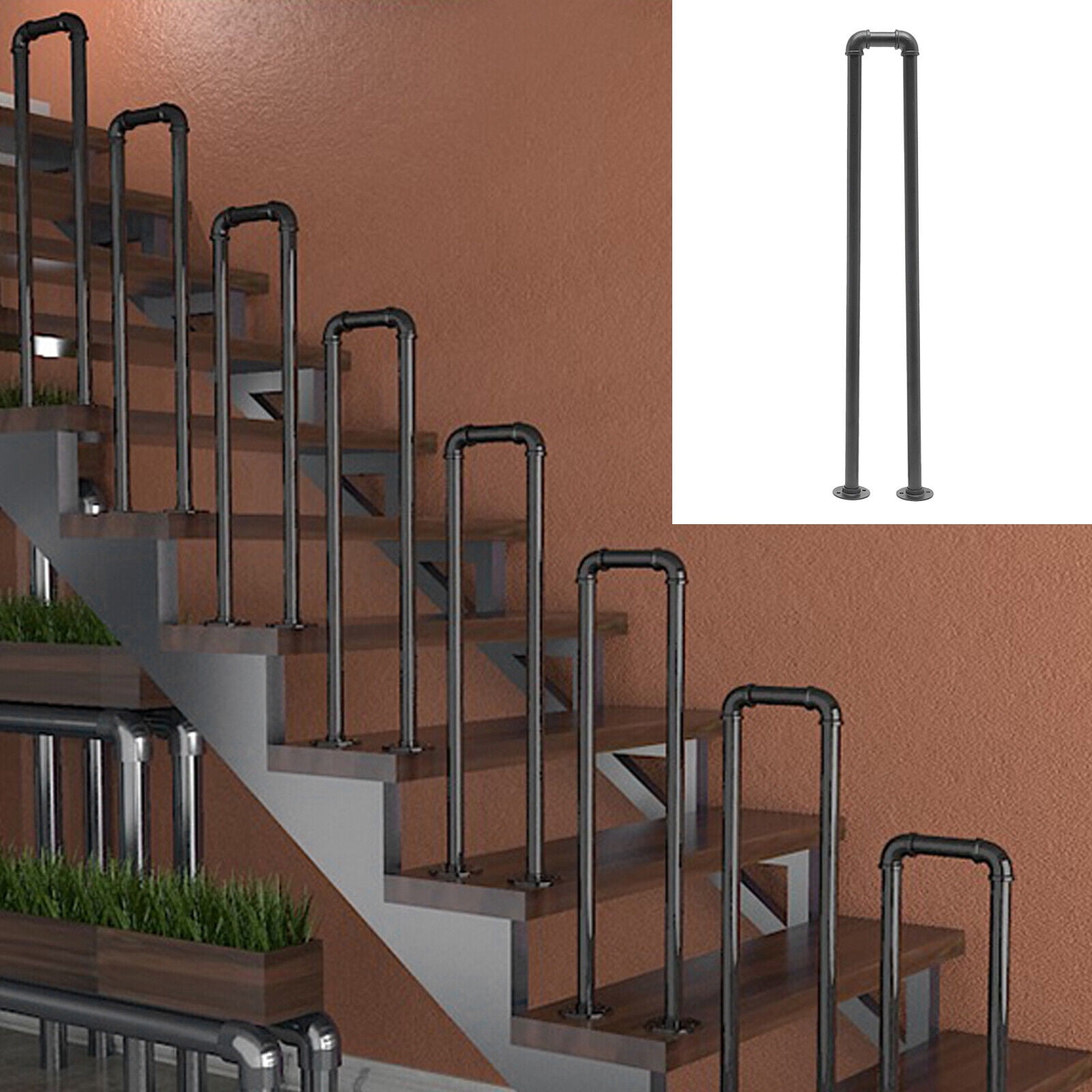 100cm U-Shaped Industrial-Style Stair Handrail, Black Galvanized Steel ...