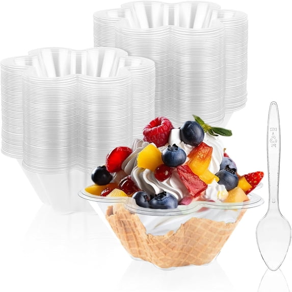 100ct 8oz Plastic Dessert Cups with Spoons, Clear Flower shaped Ice ...