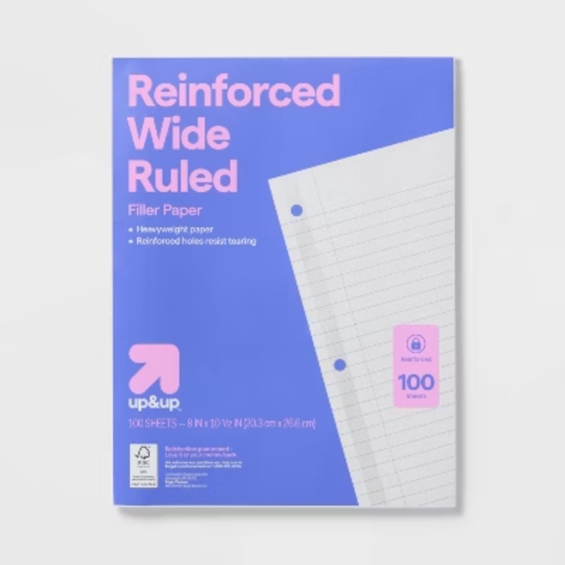 100ct Wide Ruled Reinforced Notebook Filler Paper - up&up: 10.5x8 ...