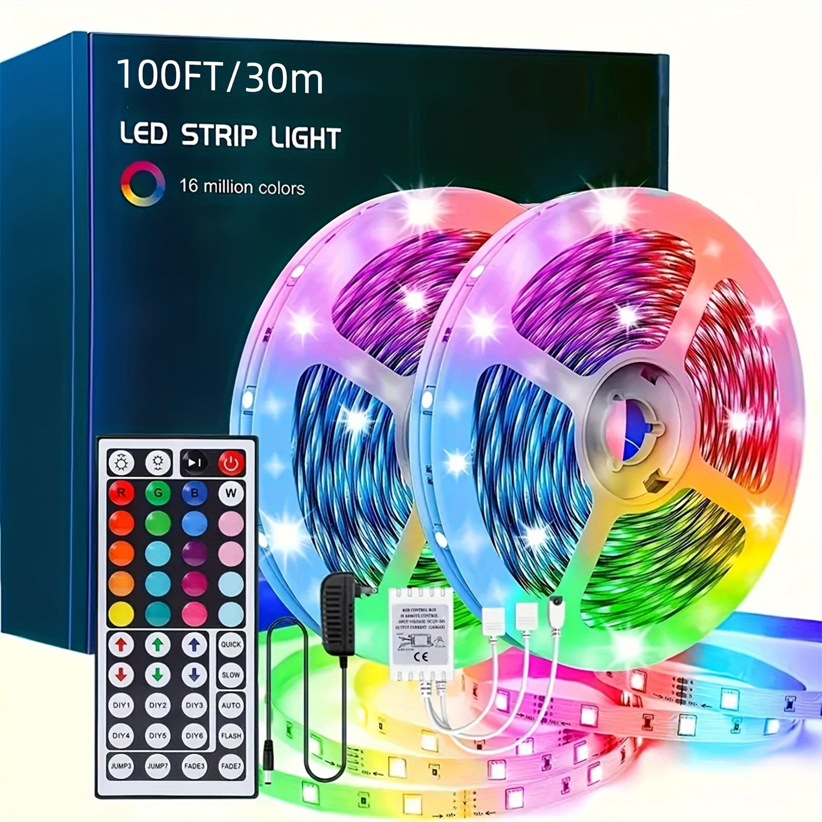 100ft Color Changing LED Strip Lights - 44 Keys Remote + Power Supply ...