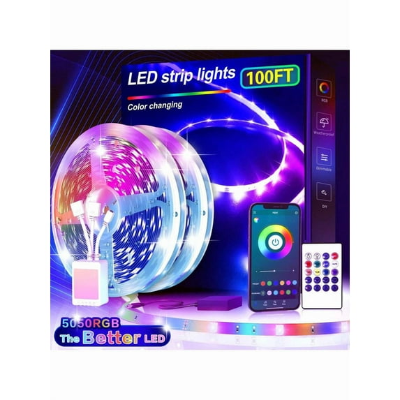 100ft Led Strip Lights (2 Rolls Of 50ft) Bluetooth Smart App Control ...
