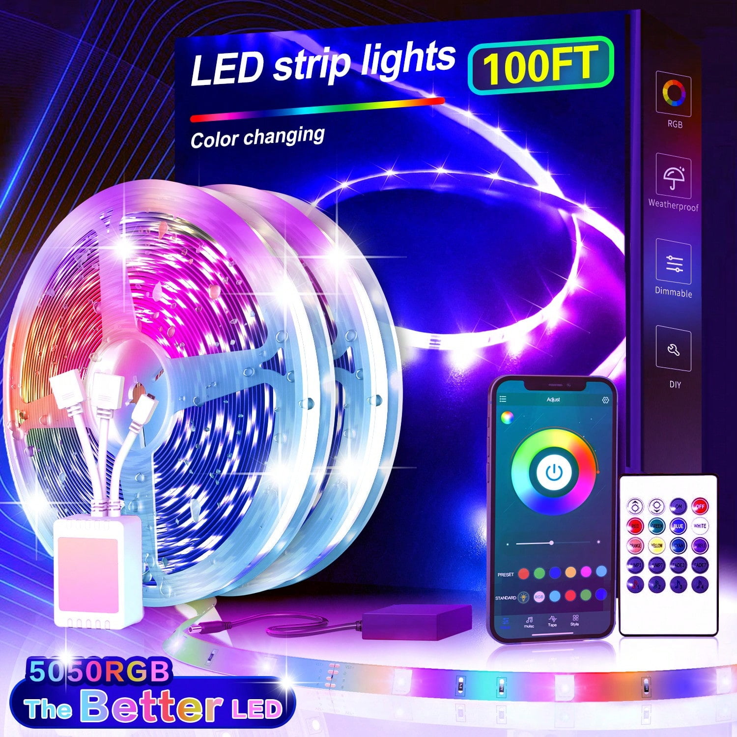100ft Led Strip Lights (2 Rolls Of 50ft) Bluetooth Smart App Control ...