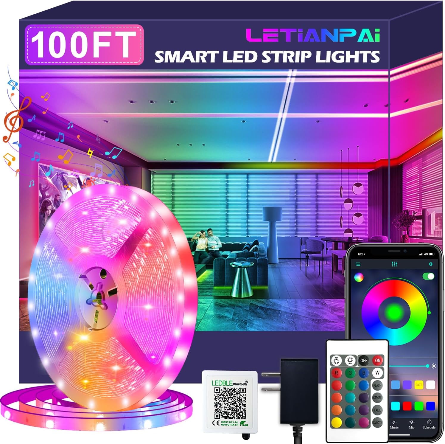 100ft Led Strip Lights,Long Smart Led Light Strips Music Sync 5050 RGB ...