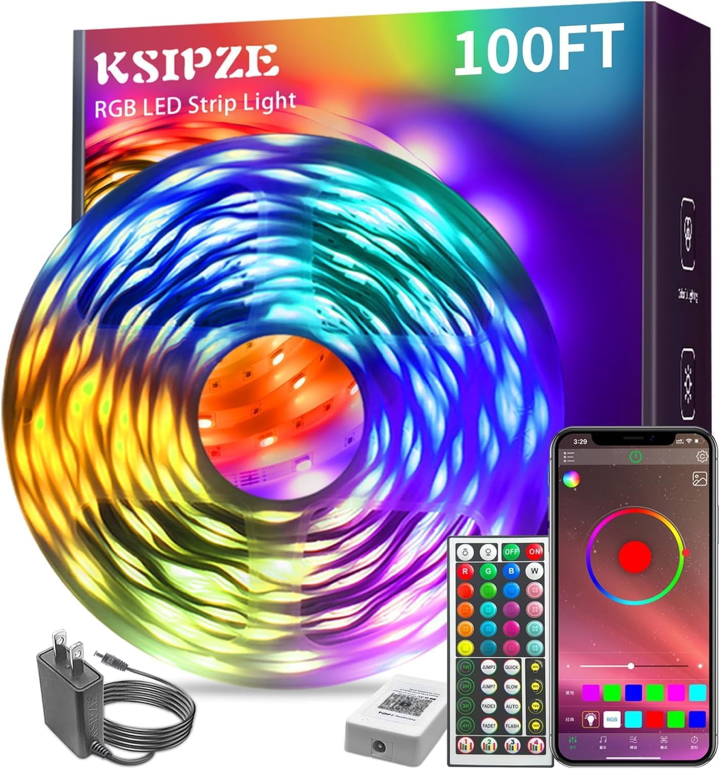 100ft Led Strip Lights RGB Music Sync Color Changing Led Lights with ...