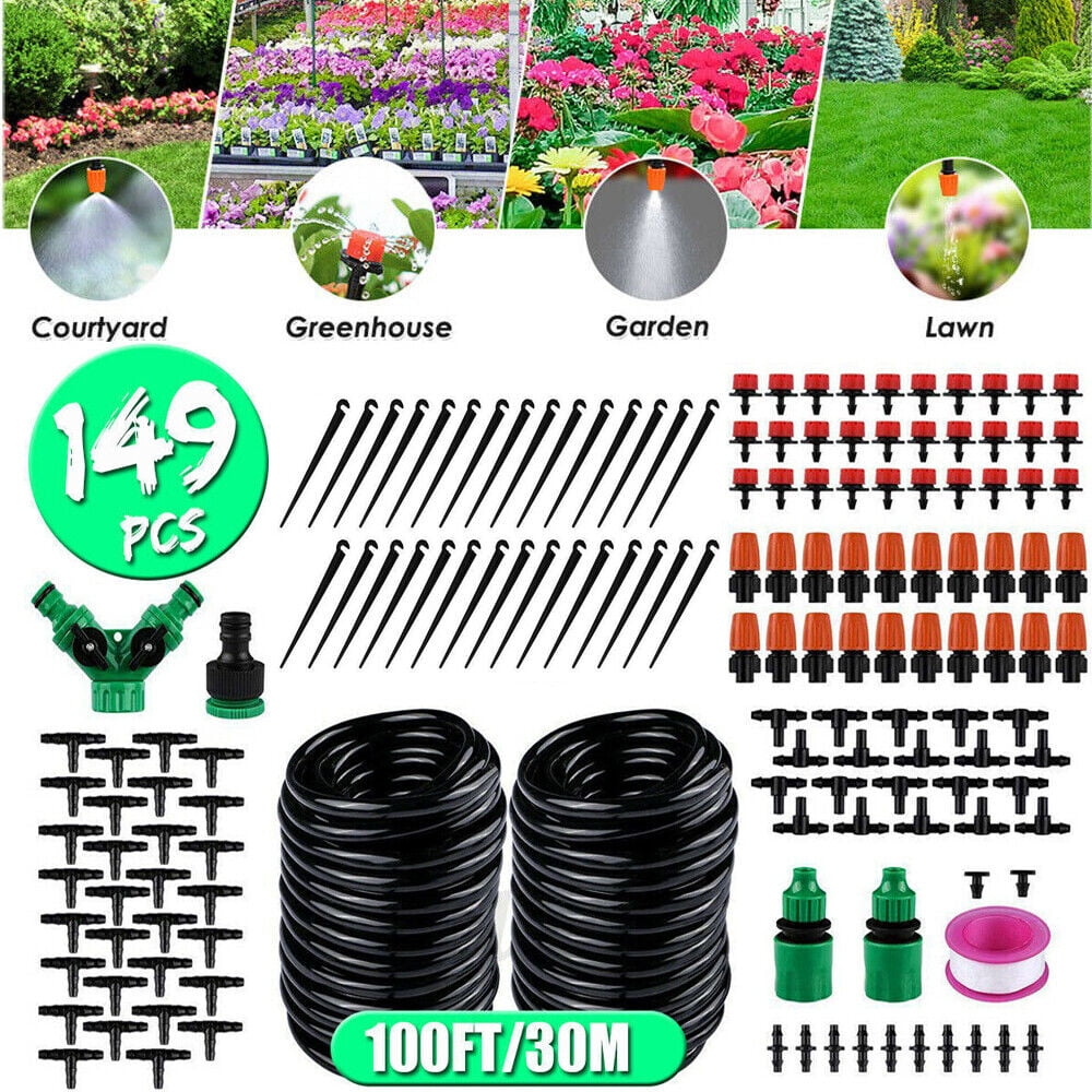 100ft Misting & Drip Irrigation System Plant Garden Watering Hose Spray ...