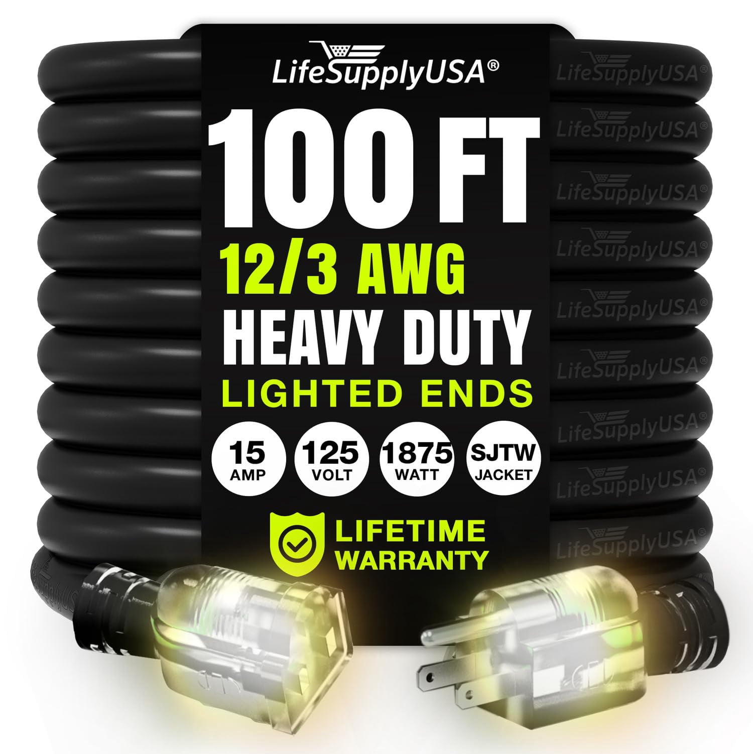 LifeSupplyUSA 100ft Black Outdoor Power Cord, Waterproof, 10/3 SJTW, 15 ...