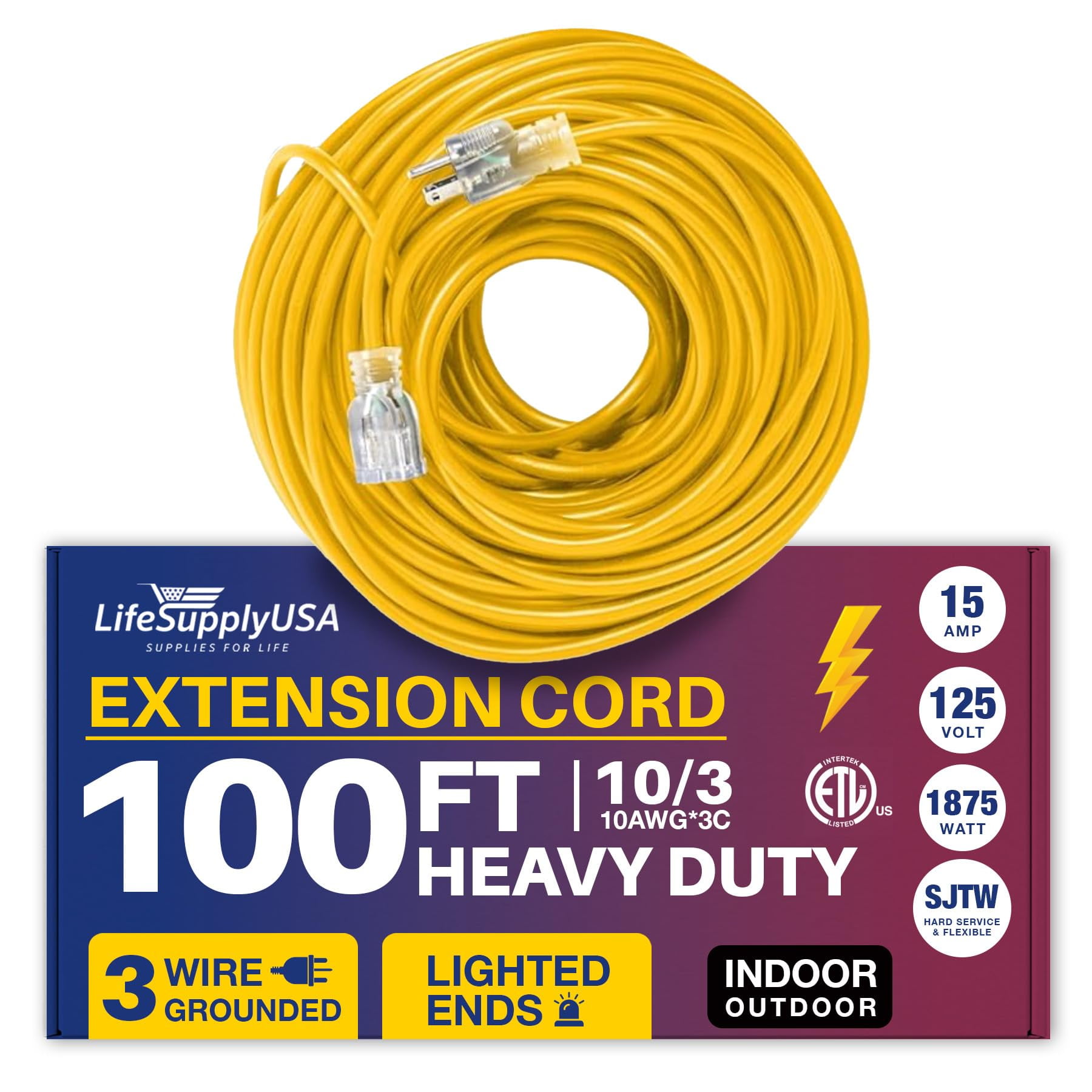 100ft Power Outdoor Extension Cord & Indoor - Waterproof Electric Drop ...
