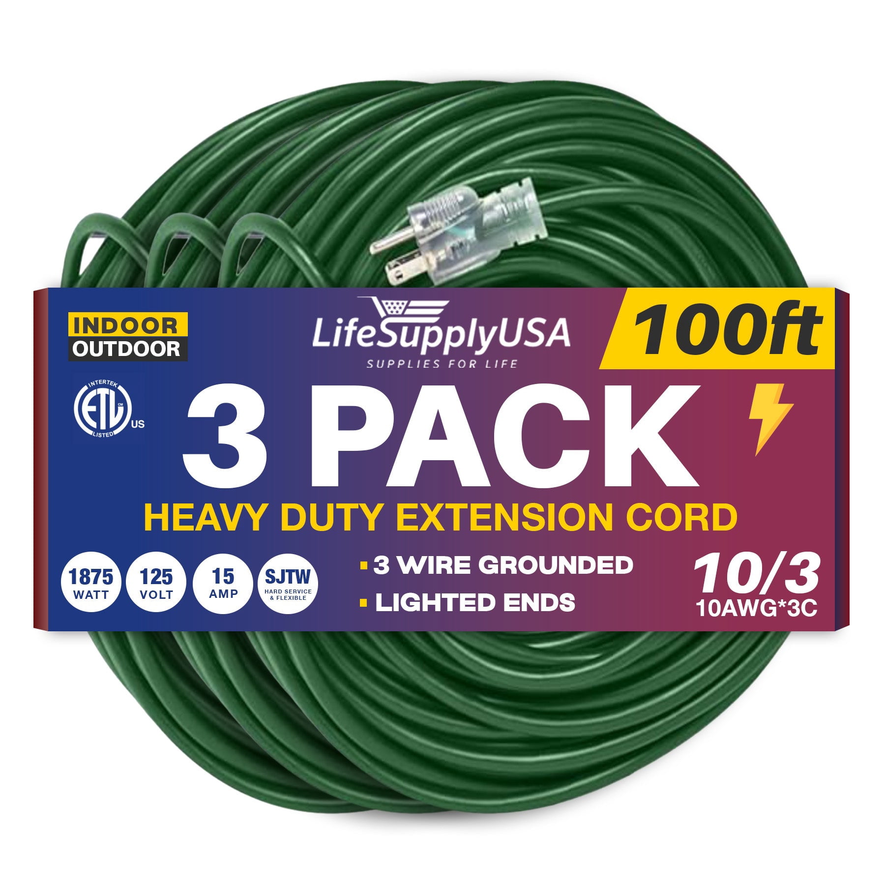 100ft Power Outdoor Extension Cord & Indoor - Waterproof Electric Drop ...