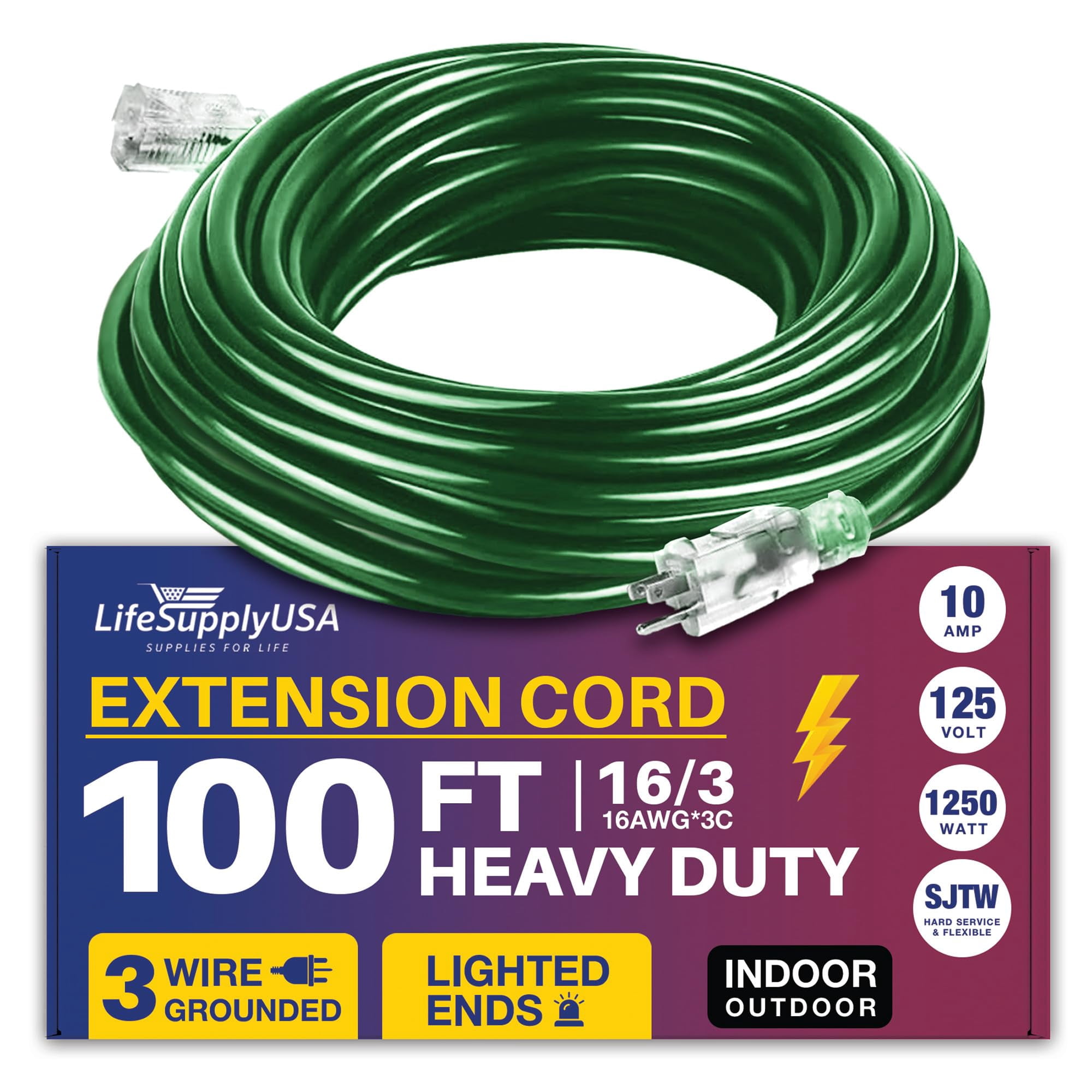 100ft Power Outdoor Extension Cord & Indoor - Waterproof Electric Drop ...