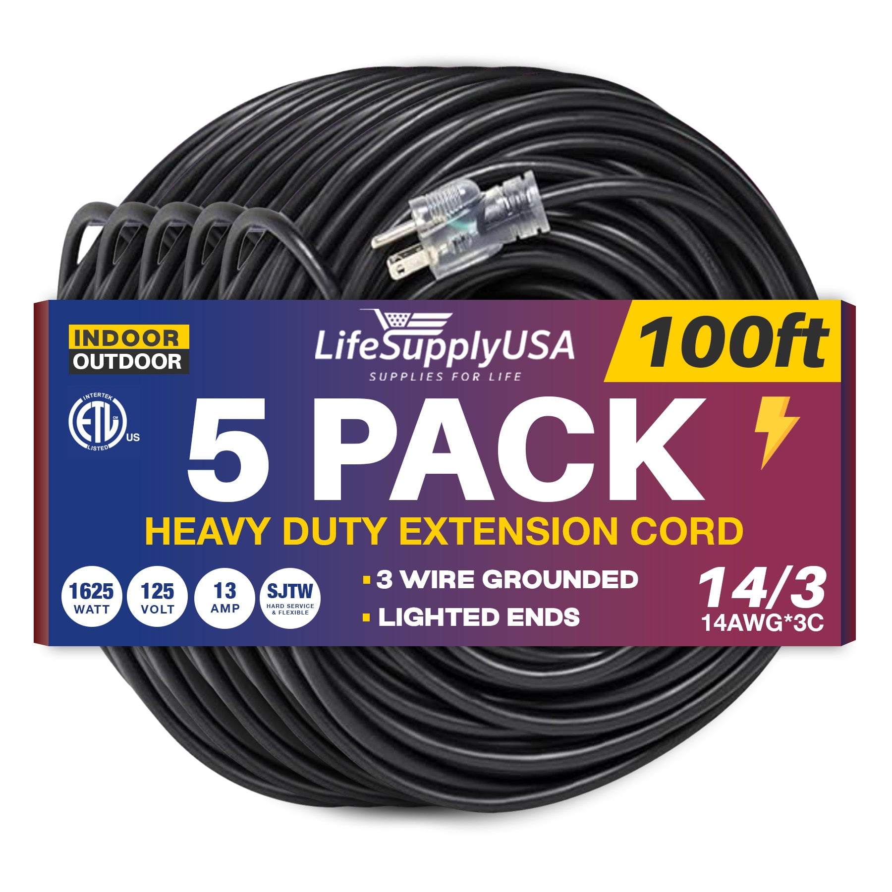 100ft Power Outdoor Extension Cord & Indoor - Waterproof Electric Drop ...