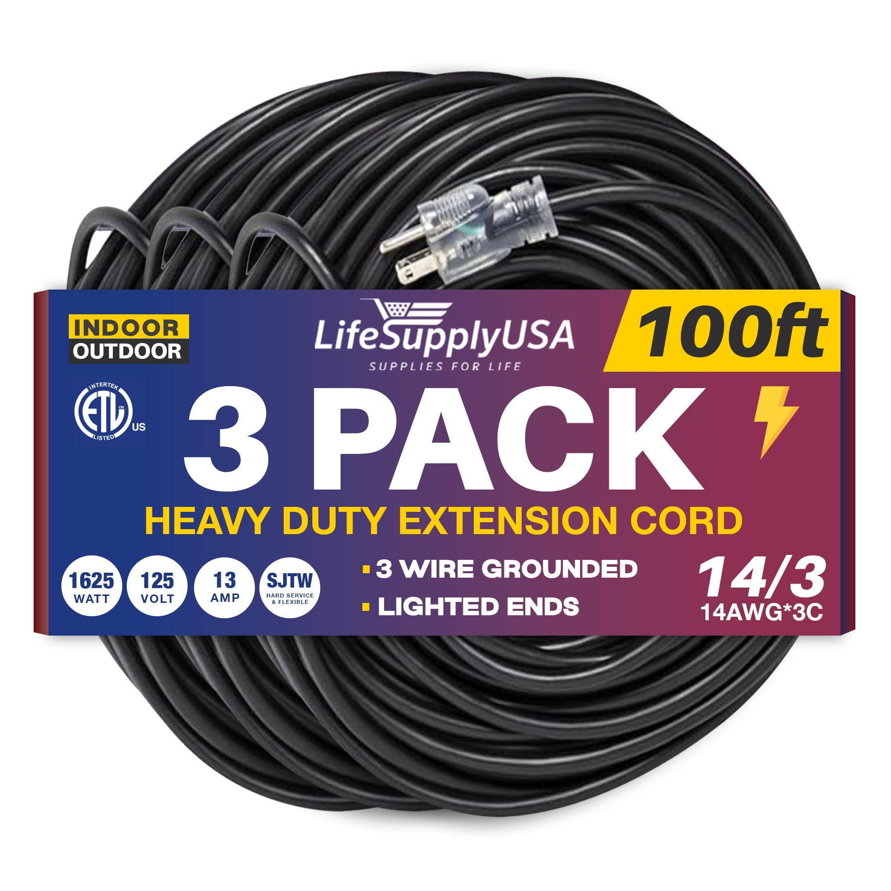 100ft Power Outdoor Extension Cord & Indoor - Waterproof Electric Drop ...